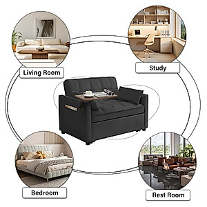 SPOWAY 3 in 1 Sleeper Sofa Couch Bed, Modern Velvet Convertible Sofa Bed with Adjustable Backrest & 2 Pillows, Hidden Side Table, Pull-Out Sofa Bed for Living Room Bedroom, Black