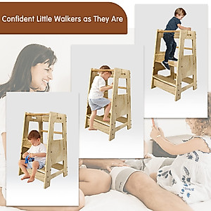 ECOMEX Toddler Standing Tower Kitchen Step Stool for Kid's Adjustable Height Learning Stool, Toddler Kitchen Stool Helper Removable Anti-Drop Safety Rail Stool for Bedroom, Bathroom, Natural