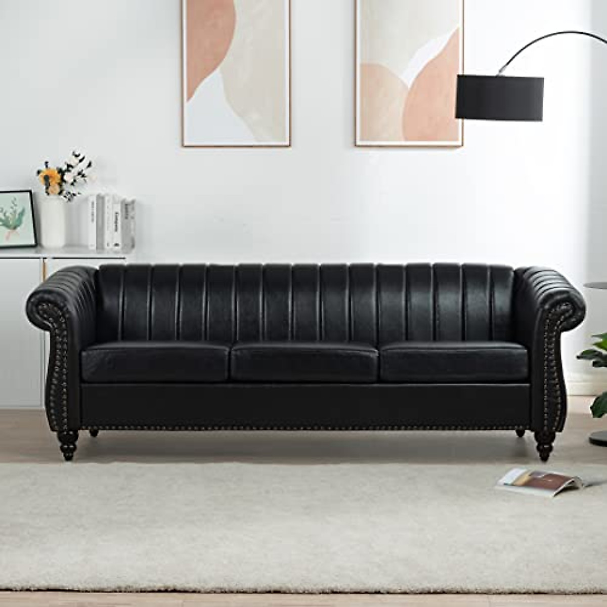 EMKK 84'' PU Leather Chesterfield Sofa Couch, 3-Seater Sofá for Living, Mid-Century Modern with Solid Wooden Frame & Padded Cushions, Apartment, Lounge Room, Black New-1