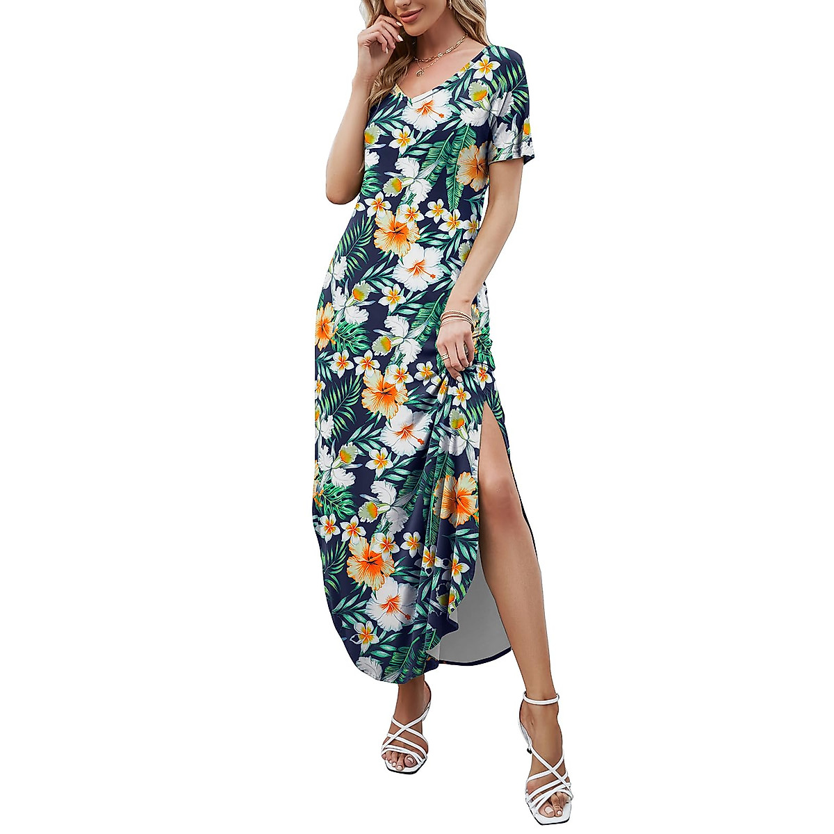 HUSKARY Sun Dresses for Women 2025 Vacation Summer Beach Vacation Flowy Derss Floral Print Boho Dresses with Pockets 2025 Boho Navy XX-Large