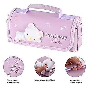 Tergopa Cute Pencil Case Large Pencil Pouch with Handle and Stress Relief Doll for Girls Kids Portable Big Kawaii Pencil Case Organizer for School Purple
