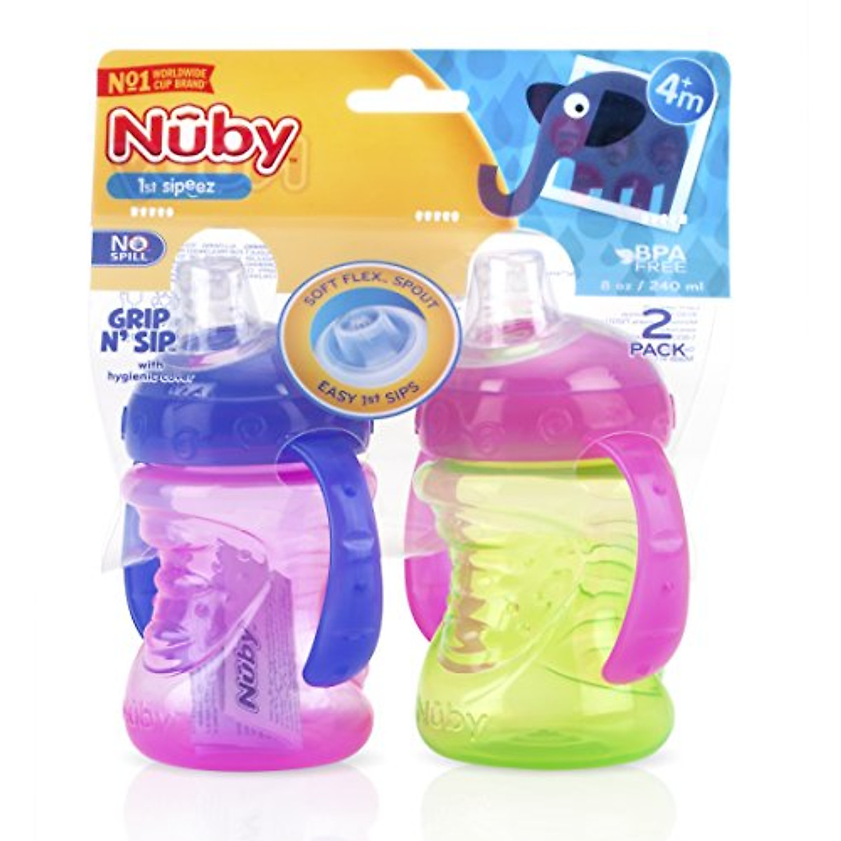 Nuby Plastic 2-Pack Two-Handle No-Spill Super Spout Grip N' Sip Cups, 8 Ounce, Pink and Purple