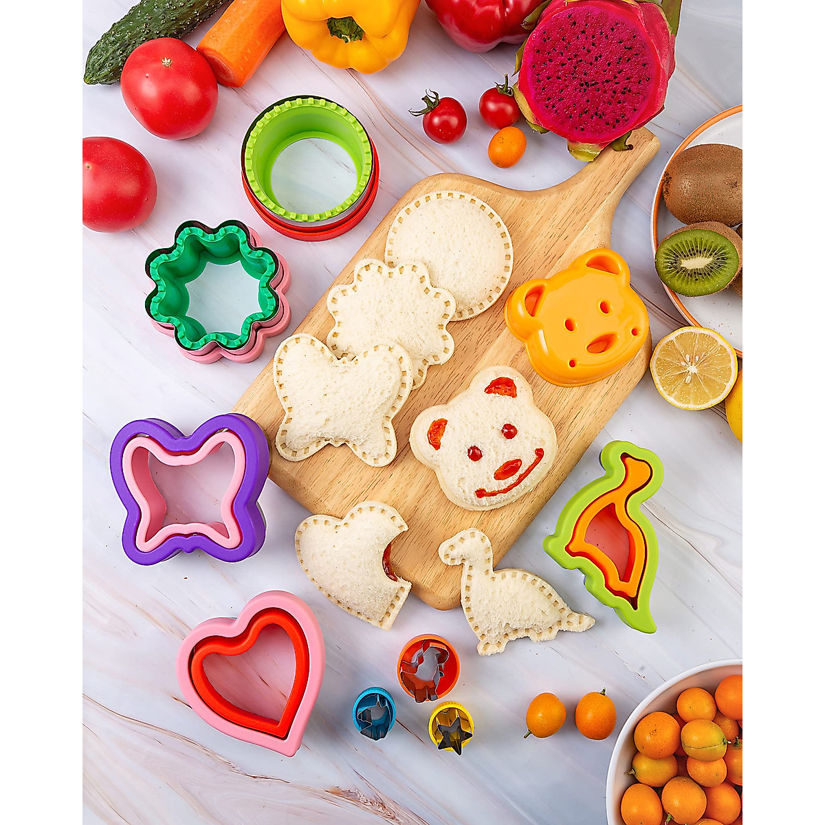 Sandwich Cutter for Kids 48 Pcs, Kimfead Cookie Cutters, Fruit Vegetable Cutter Shapes, Food Picks for Bento Box, Mouse Dinosaur Star Square Heart Shape