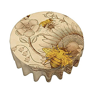 Vintage Bee Sunflower Tablecloth Round Washable Table Cover for Kitchen Dining Picnic Party Indoor Outdoor Table Mats 60 inch