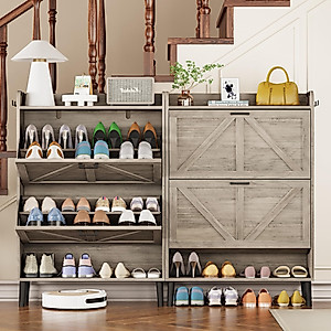 HOMEFORT Shoe Storage Cabinet for Entryway, Slim Shoe Organizer with Two Flip Drawers, Narrow Shoe Rack Cabinet with Wood Legs, Farmhouse Hidden Shoe Cabinet for Foyer, Front Door Entrance,Washed Gray