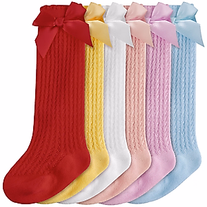 CozyWay Baby & Toddler Knee High Bow Socks, 6 Pack for Girls, Pastel Colors, 0-9 Months Old
