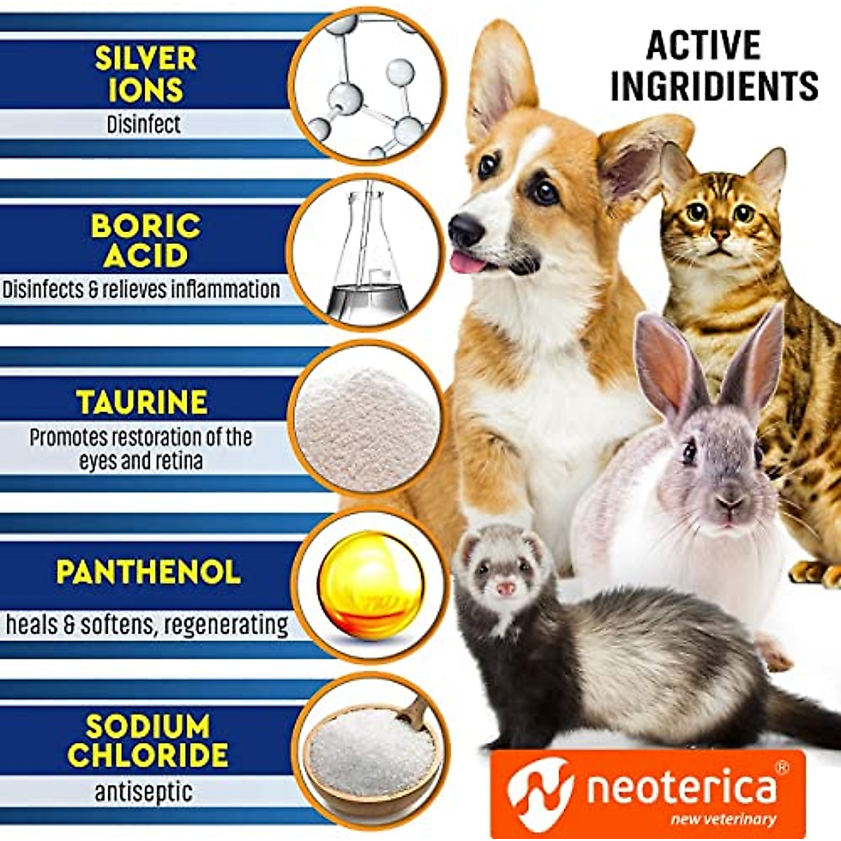 Cat & Dog Eye Wash Drops & Tear Stain Remover, Cleaner | Eye Infection Treatment Helps Prevent Pink Eye, Conjunctivitis, Relief Allergies Symptoms, Runny, Dry Eyes - Safe for Small Animals