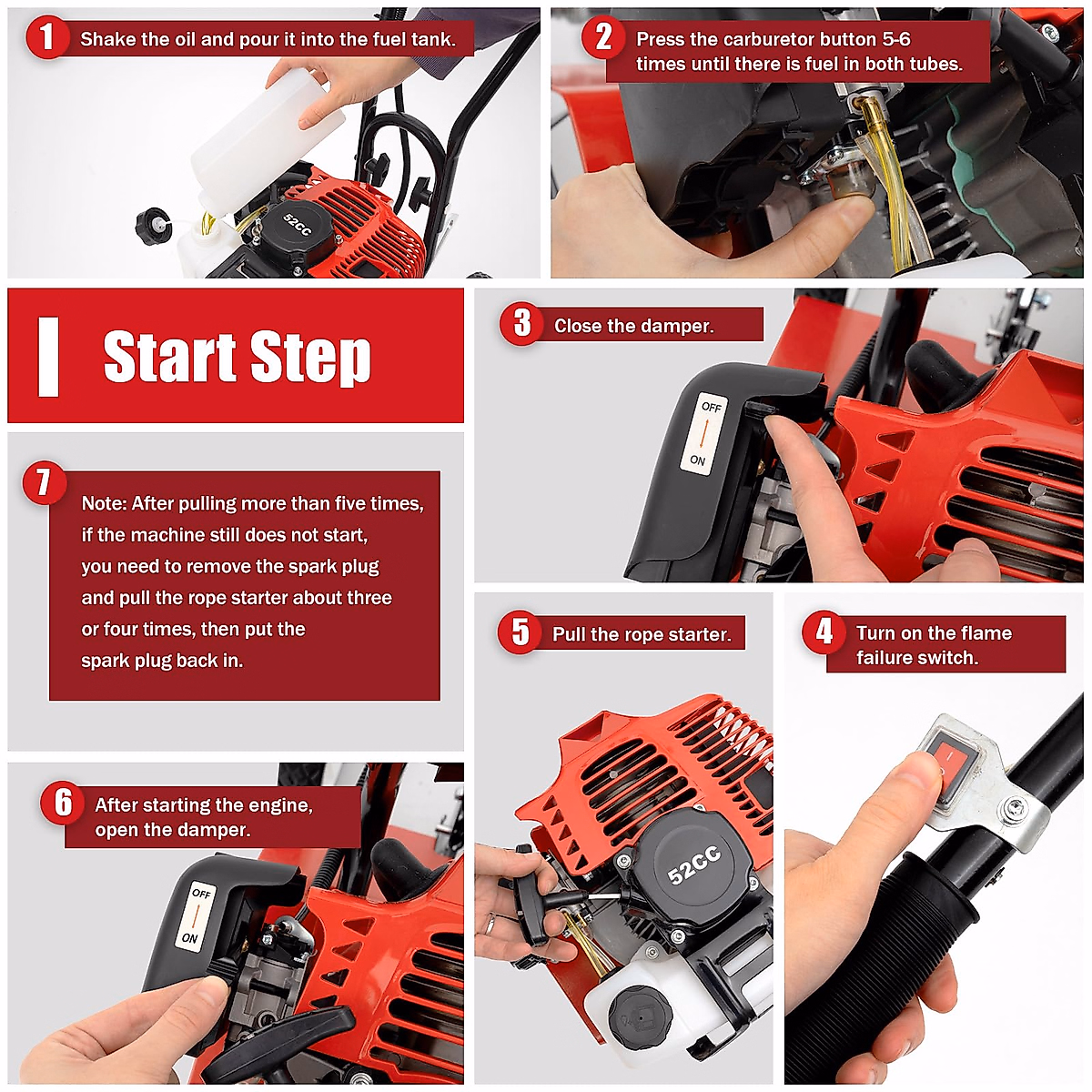 HENHAIY 52cc Tiller Cultivator 2-Stroke Gas Powered Garden Tiller 1.65kW Lawn Rototiller for Eatering Weed Digging 6500-7000rpm 44-5F Weed Removal & Soil Cultivation w/ 4 Blades