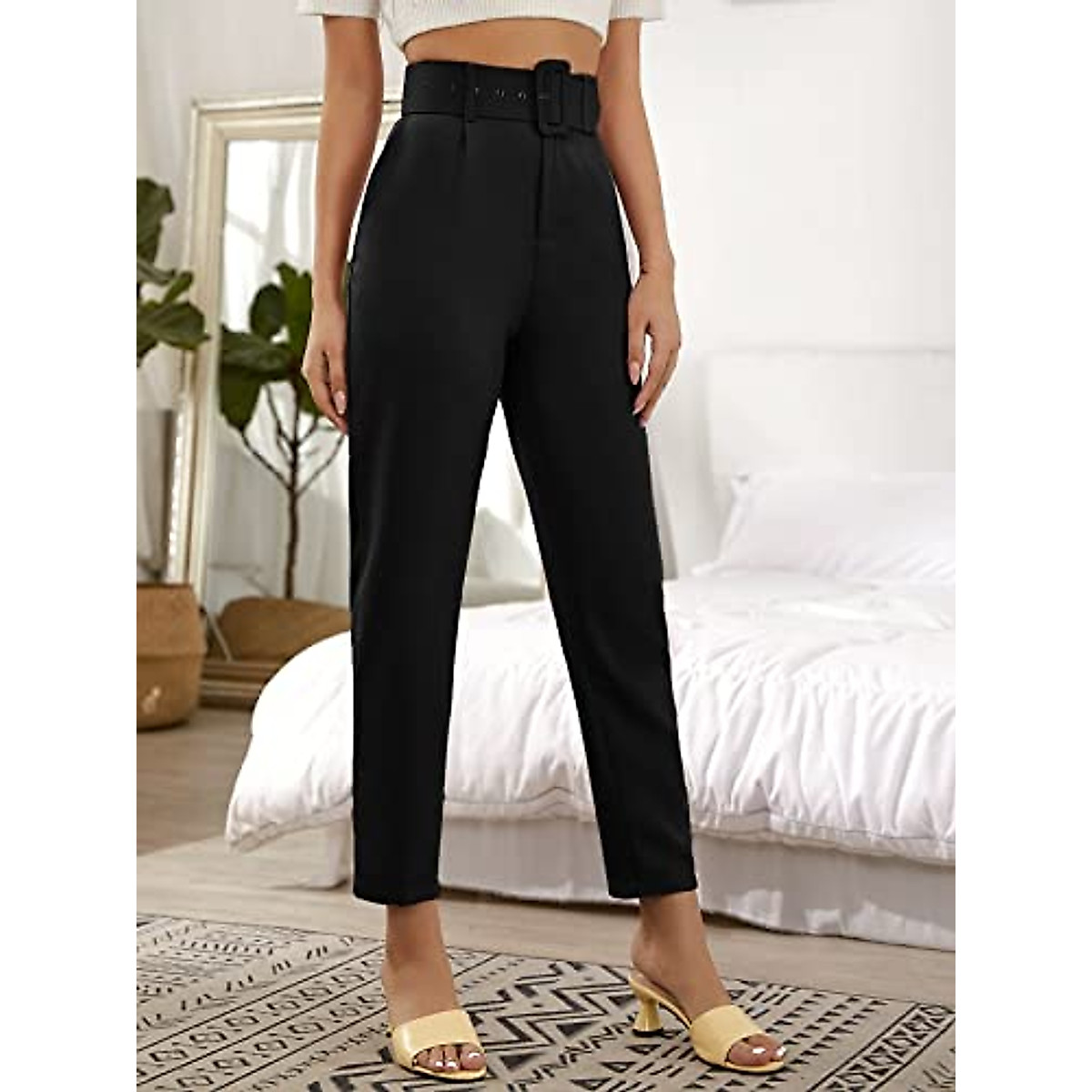 MakeMeChic Women's Casual High Waisted Belted Tapered Pants with Pockets Black M