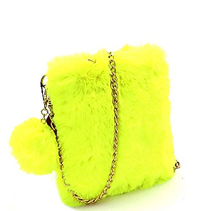 Trendeology Neon Color Ultra Smooth Soft Fluffy Faux-Fur Pom Pom Small Cute Phone Crossbody Bag (1.Neon-Yellow)