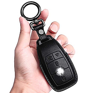 Tukellen for Mercedes Benz key fob cover Genuine Leather with keychain,Leather Protector Key case compatible Mercedes Benz 2017-2021 E-Class 2018-2021 S-Class 2019-2021 A-Class C-Class G-Class-Black