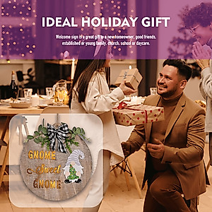 Lighted Interchangeable Gnome Welcome Door Sign, 12 inches Seasonal Front Door Gnome Sweet Gnome Home Decor Hanger, Holiday Wooden Rustic Farmhouse Wall Decor Wreaths with LED Light & 9 Season Icons