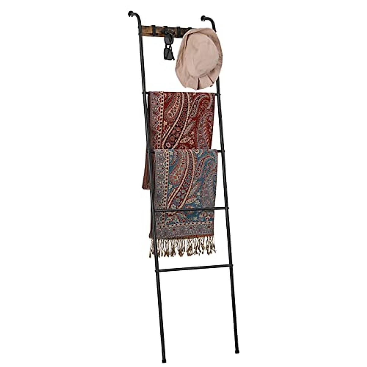 Blanket Ladder Metal Black Blanket Holder with Hooks Leaning Towel Rack Blanket Ladders for The Living Room Bathroom Bedroom (Matte Black)
