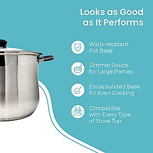 Professional Stainless Steel Stock Pot for Soup, Stock & Pasta with Glass Lid Encapsulated Base Gas Induction Capable - 12 qt size