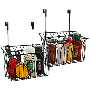 TOPZEA 2 Pack Grid Storage Baskets with Hooks, Metal Hanging Basket Kitchen Storage Organizer Holder Over Cabinet Door Basket for Cutting Board, Kitchen Wrap, Foil, Cleaning Supplies, Bakeware