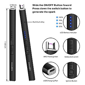 ilinboBBQ Lighter Electric Candle Lighter with LED Battery Display USB Rechargeable Lighter Windproof Flameless Long Lighters for Candle BBQ Camping （Black