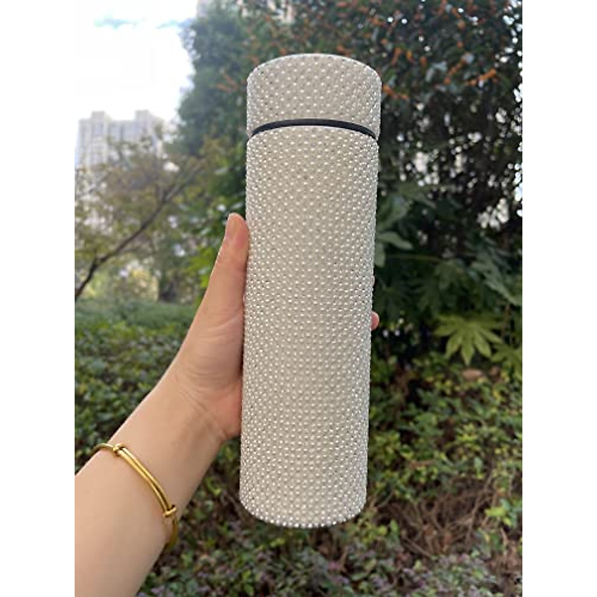 Bling Stainless Steel Water Bottle Rhinestone Vacuum Insulated, Diamond Thermos Water bottle, Glitter Smart water bottle with LED Temperature Display, Bling Gift for Woman Girl kids 500ml 17oz Silver