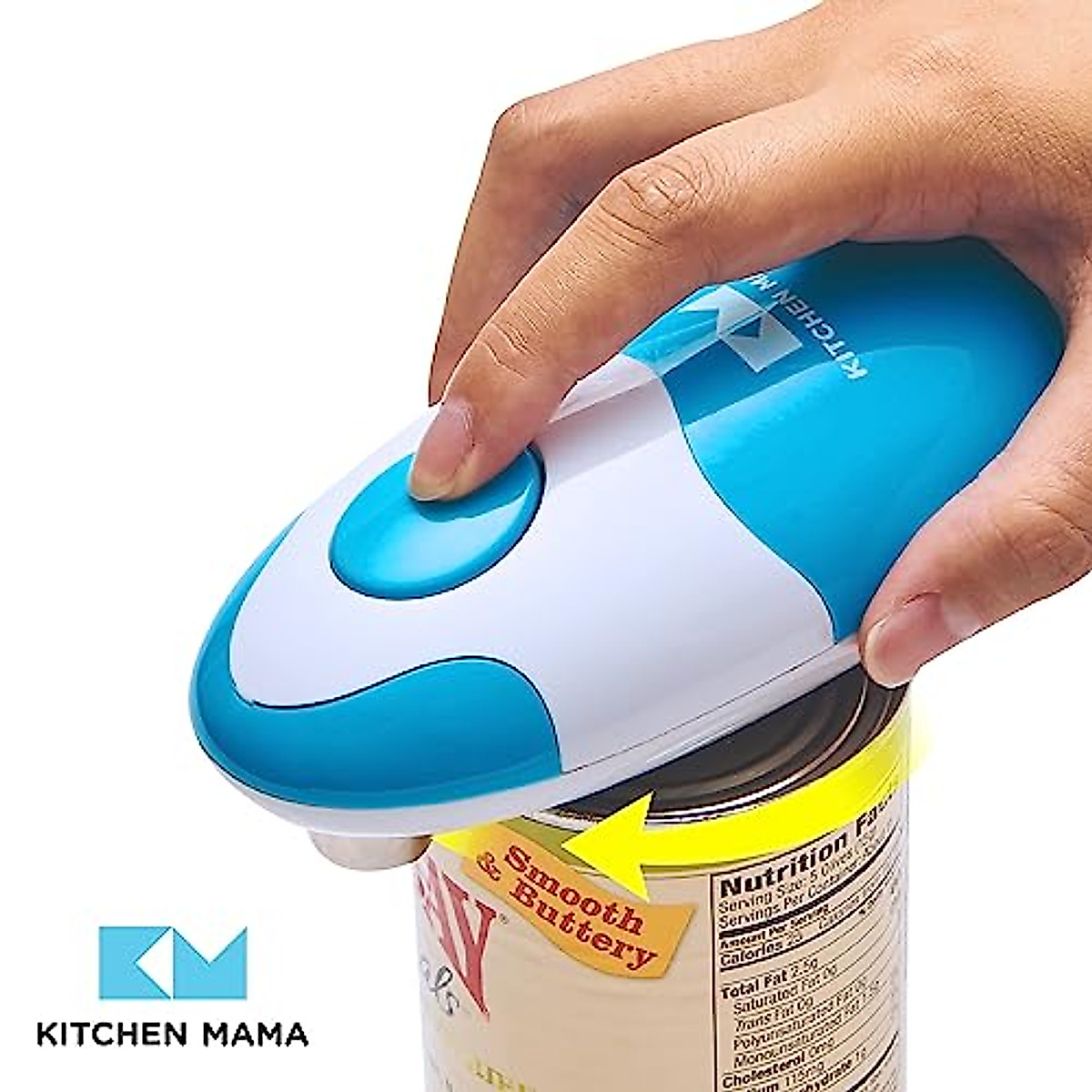 Kitchen Mama Auto Electric Can Opener: Open Your Cans with A Simple Press of Button - Automatic, Hands Free, Smooth Edge, Food-Safe, Battery Operated, YES YOU CAN (Sky Blue)