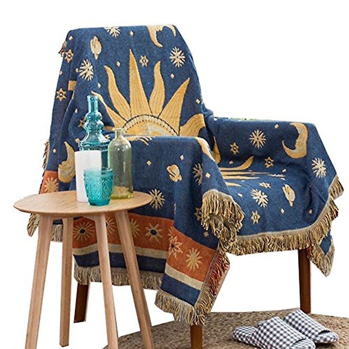 UNIGARDEN Moon and Sun Throw Blanket Multi-Function Double Sided Cotton Woven Couch Throws Tassels Blue Yellow 51"X71"