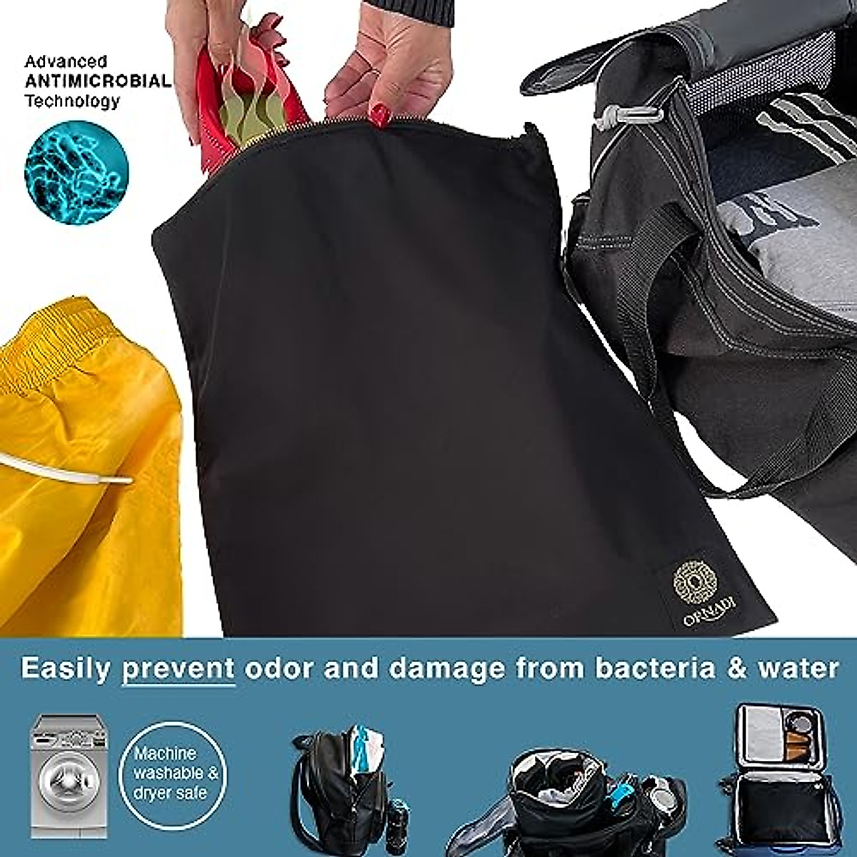 Ornadi Wet Gym Clothes Bag Antimicrobial Waterproof Sport Sack Inhibits Bacteria & Odor from Dirty Laundry, Swimsuits, Sweaty Shoes for Smell Proof Travel 14 X 17.5 Made in USA