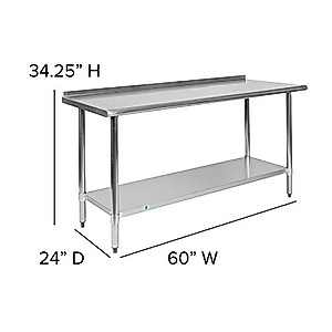 EMMA + OLIVER Stainless Steel 18 Gauge Kitchen Prep and Work Table with Backsplash and Shelf, NSF - 60" W x 24" D