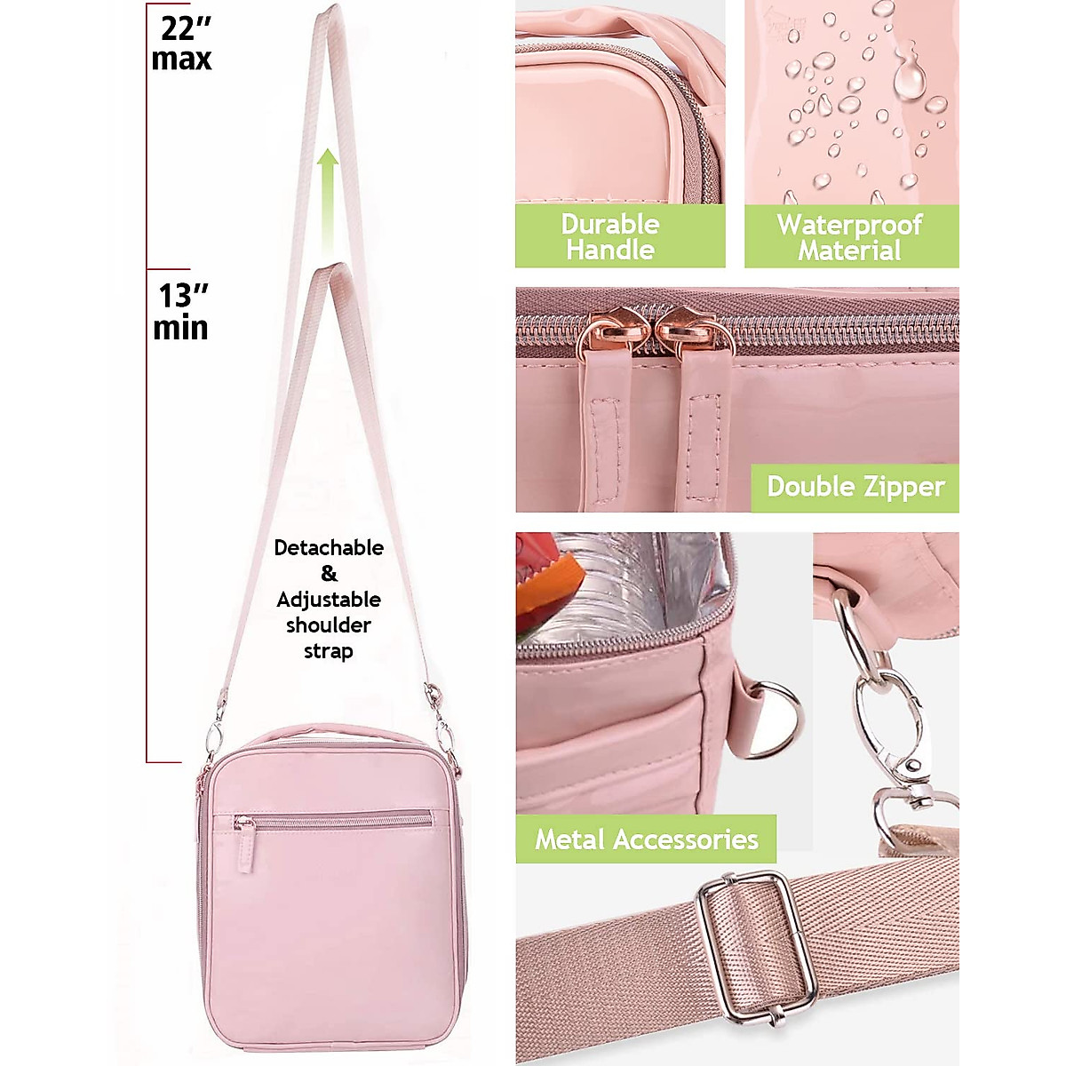 Waterproof Lunch Box for Girls Cute Kids Lunchbox Shiny Pink Lunch Bags with Shoulder Strap and Pocket for Teen Girls Insulated Lunch Cooler Bag for School Outdoor Travel