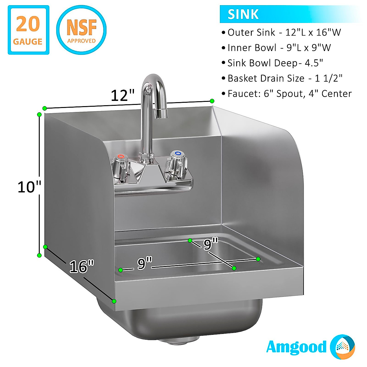 AmGood Stainless Steel Wall Mount Hand Sink with Faucet and Sidesplash 12" x 16" | NSF Commercial Hand Washing Basin For Restaurant, Kitchen and Home | Bowl Size: 9" x 9"