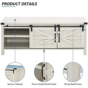 HOMFAMILIA Farmhouse Coffee Table with Sliding Barn Doors & Storage, White Rustic Wooden Center Rectangular Tables w/Adjustable Cabinet Shelves, for Bedroom, Home Office, Living Room