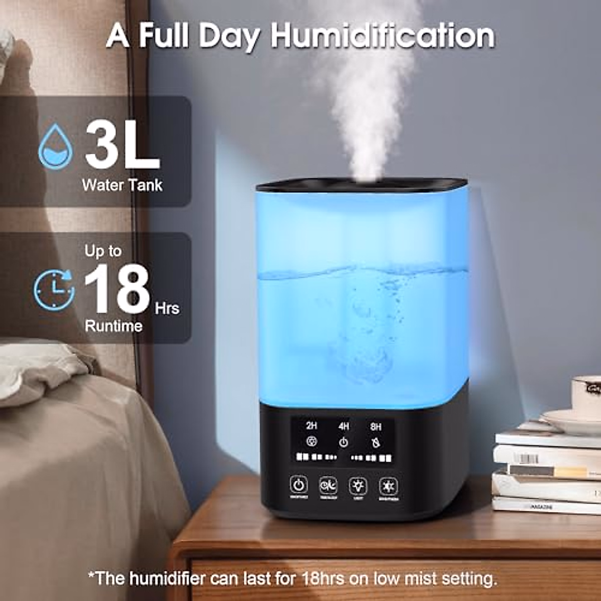 Humidifiers for Bedroom, Cool Mist Humidifiers for Large Room, 3L Top Fill Humidifiers for Home Baby Nursery, Remote Control, 360°Nozzle, Auto Shut-Off, Sleep Mode, 3 Mist Levels, Nightlight, Timer