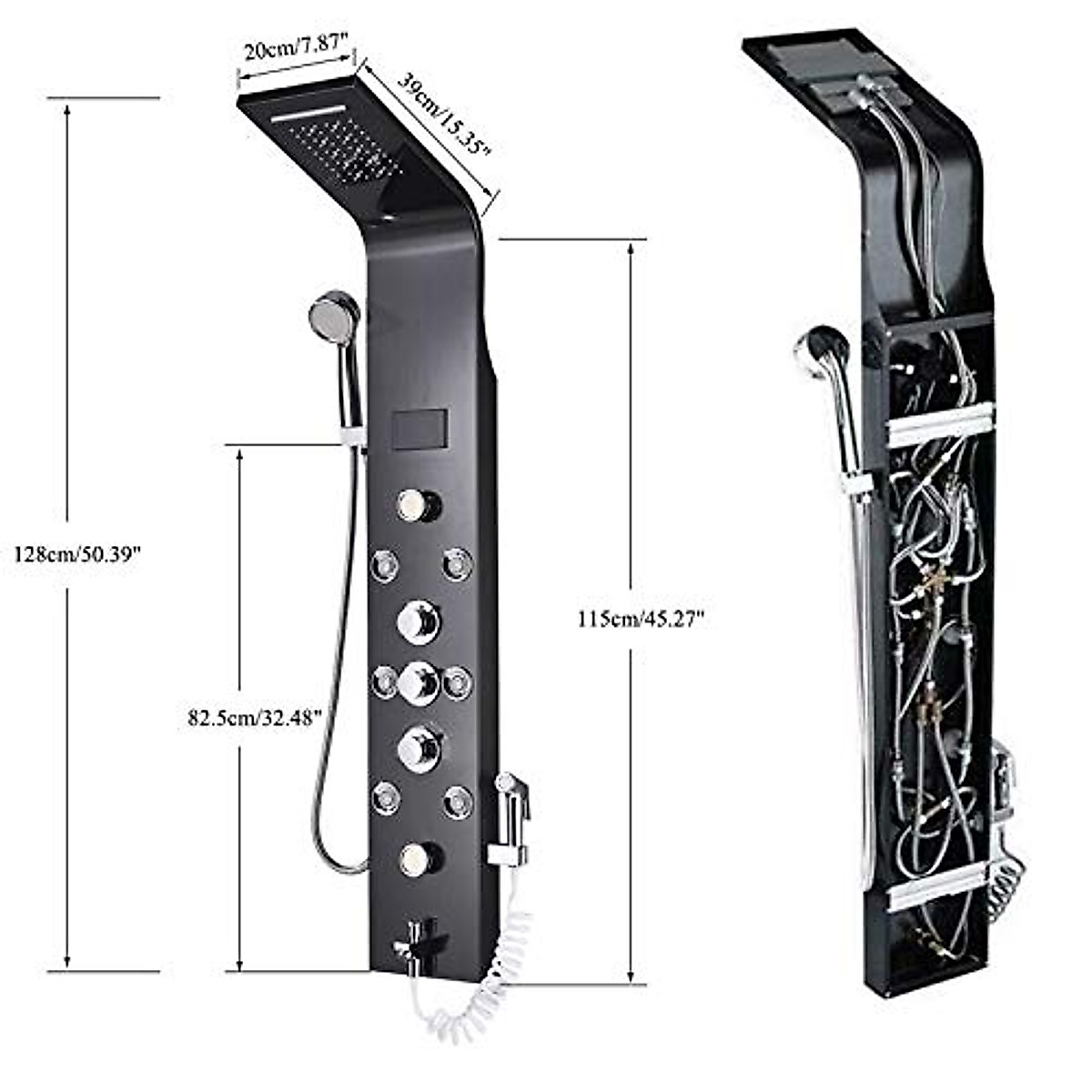 AlenArt Wall Mount Stainless Steel LED Shower Panel Tower System, Rainfall Waterfall Shower Head, Hydroelectricity Display with Massage Jets,Black