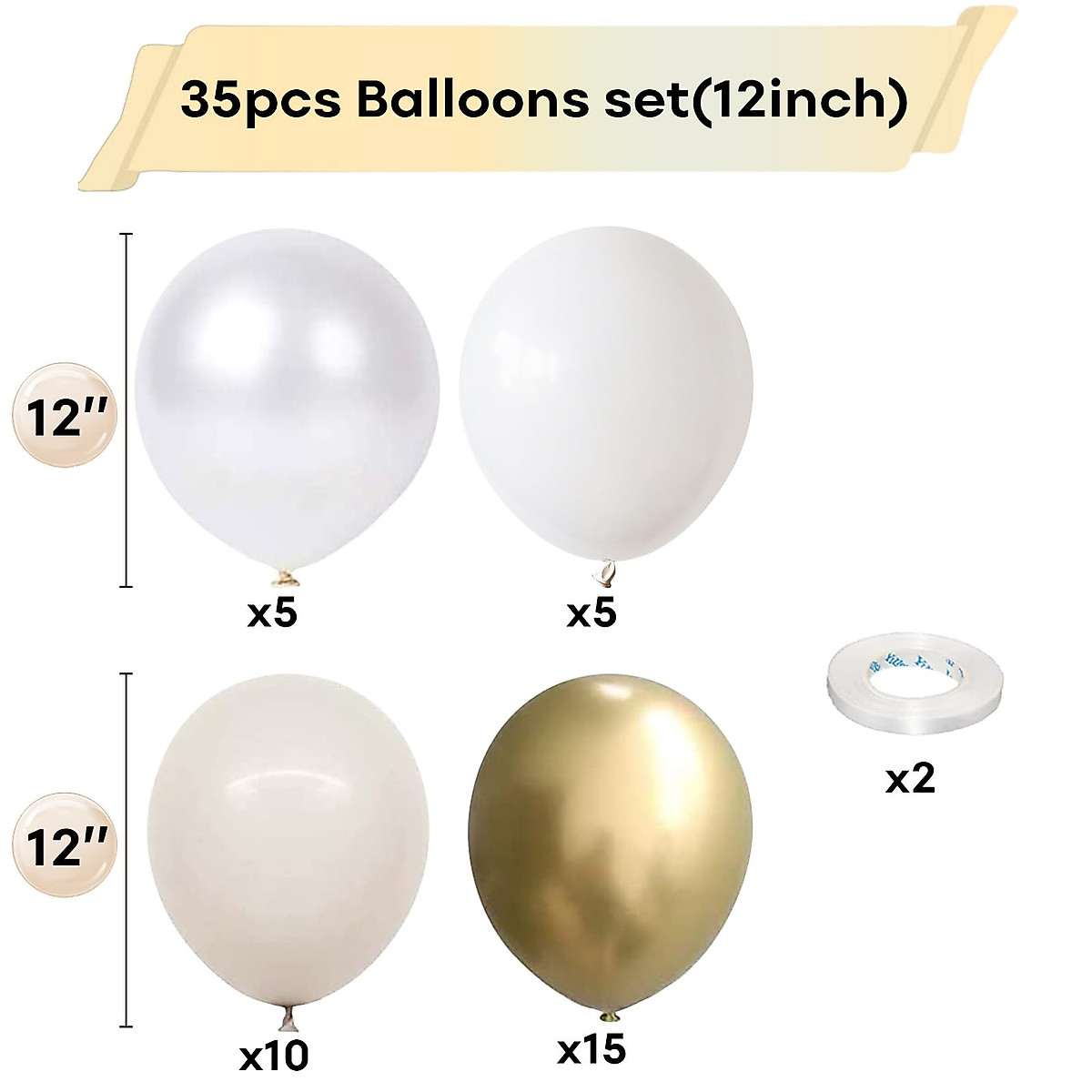 White and Gold Balloons, 12 Inch White Sand Gold Metallic Latex Balloons, Beige Gold Party Balloons for Boho Birthday Baby Shower Engagement Wedding Anniversary Party Decorations