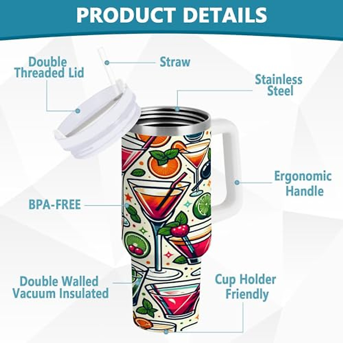 Jihqo Tropical Cocktails 40 oz Stainless Steel Vacuum Insulated Tumbler with Handle and Straw Lid, Leakproof Water Bottle Double Wall Travel Mug Coffee Cup, Cupholder Friendly