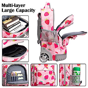 BAMIFEI 18 inches Wheeled Rolling Backpack Multi-Compartment College Books Laptop Bag Business Trip Carry-on, Strawberry