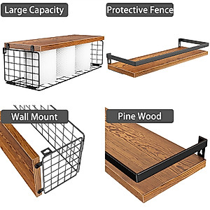 Eunvabir Floating Shelves for Bathroom Storage Decor with Basket, Wood Wall Mounted Over The Toilet Shelves, Hanging Shelf for Bedroom Kitchen Laundry Living Room Plants Farmhouse Organizer