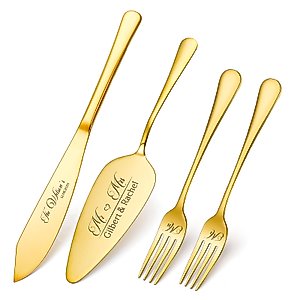 Zhamate Custom Cake Cutting Set for Wedding, Personalized Cake Knife and Server Set, Stainless Steel Personalized Cake Cutter Set for Wedding, Anniversary, Birthday Gift(Gold)