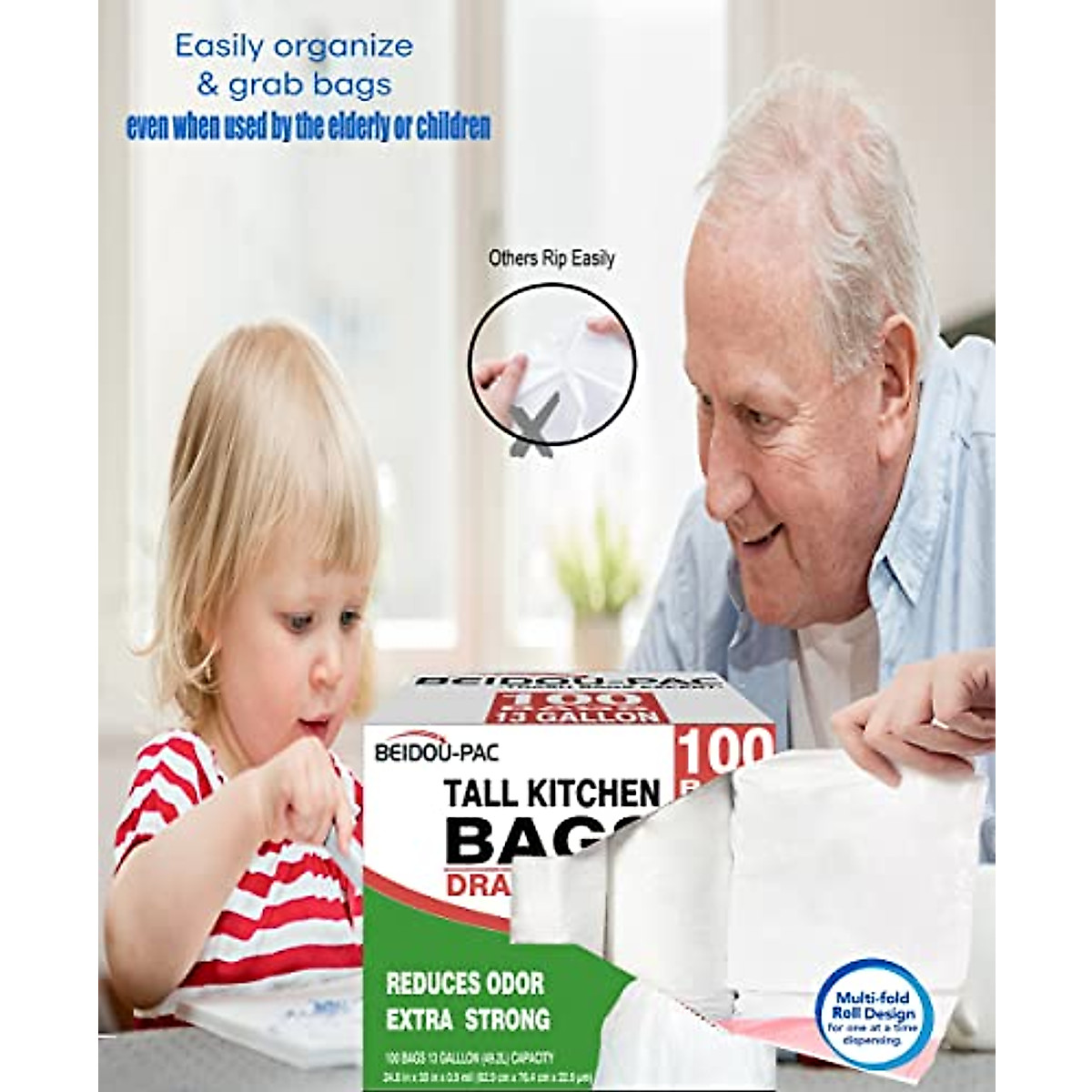 BEIDOU-PAC Trash Bags 13 Gallon Drawstring, 100 Count, Multifold Roll Garbage Bags, Tall Kitchen Trash Bag, Odorless & Extra strength White Plastic Food Scrap Bag for Home Office Bathroom Kitchen Bins