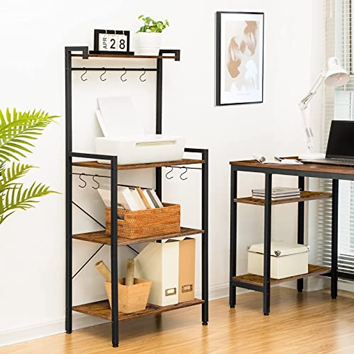 HOOBRO Bakers Rack for Kitchen, 4 Tier Microwave Stand with Storage, Multifunctional Baker's Rack with 8 Hooks, Wooden Kitchen Storage Shelf, Stable Metal Frame, Easy Assembly, Rustic Brown BF04HB01