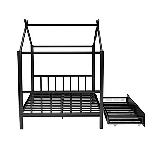 CITYLIGHT Full Size House Bed for Kids, Metal Full Platform Bed Frame with 2 Storage Drawers, Roof, Headboard and Footboard, Full Storage Canopy Bed for Kids, Girls & Boys, Black