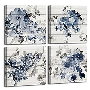 Blue Bathroom Decor - Blue Watercolor Flower Wall Art Pictures for Bedroom Wall Decor Kitchen Wall Art Blue Botanical Wall Art Bathroom Pictures for Wall Artwork for Home Walls Framed 14x14inch x4pcs