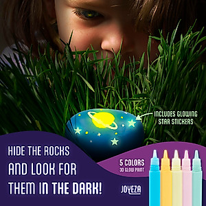 JOYEZA Rock Painting Kit Glow in The Dark, Arts and Crafts for Girls and Boys Age 6+, 12 Painting Rocks for Kids, Waterproof Paints, Kids Activities Age 6 7 8 9 10, Tween Gift Art Set