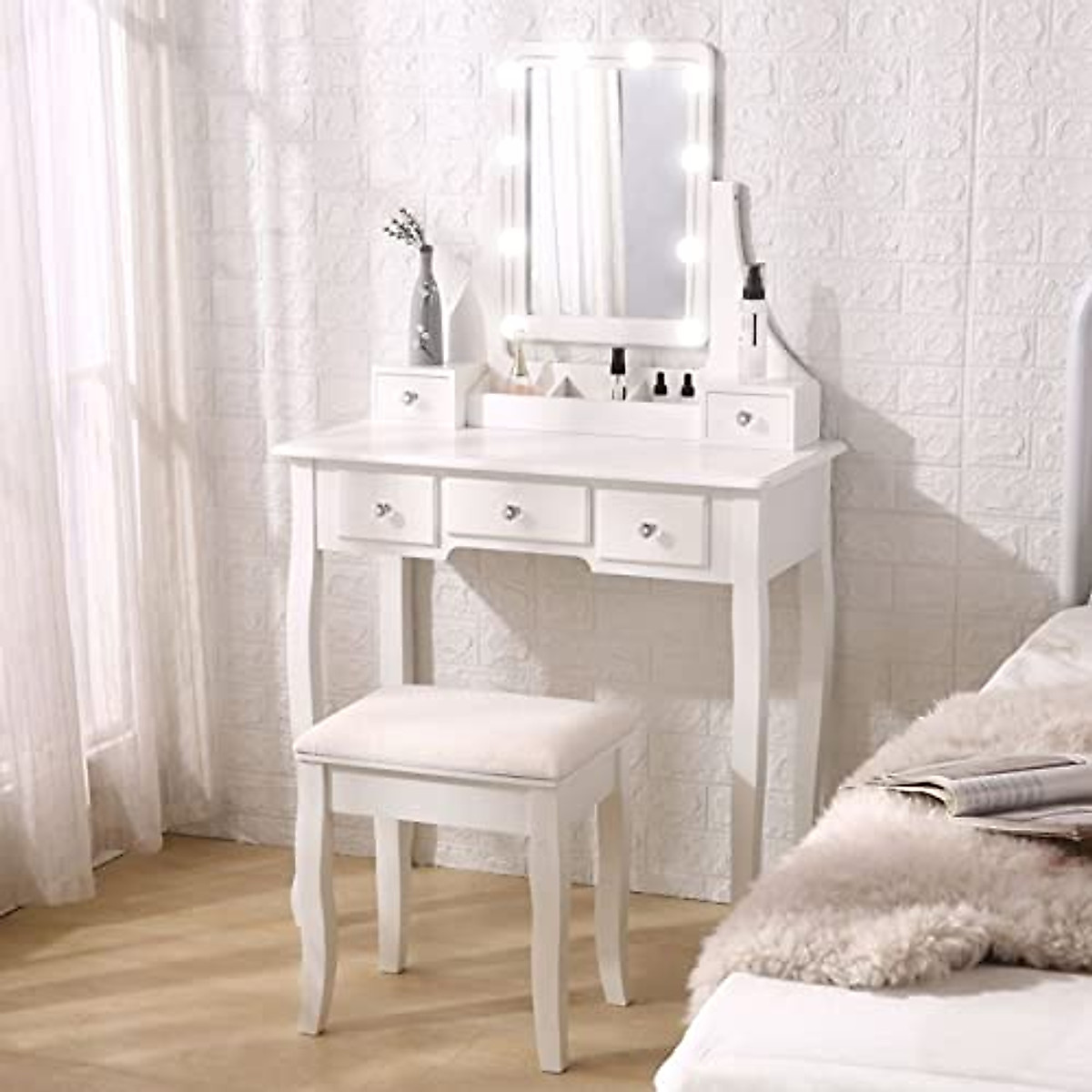 Fameill Makeup Vanity with Lights White Vanity Desk Lighted Mirror Makeup Vanity Table Set with Drawers 3 Color Modes Adjustable Brightness Dressing Table for Bedroom