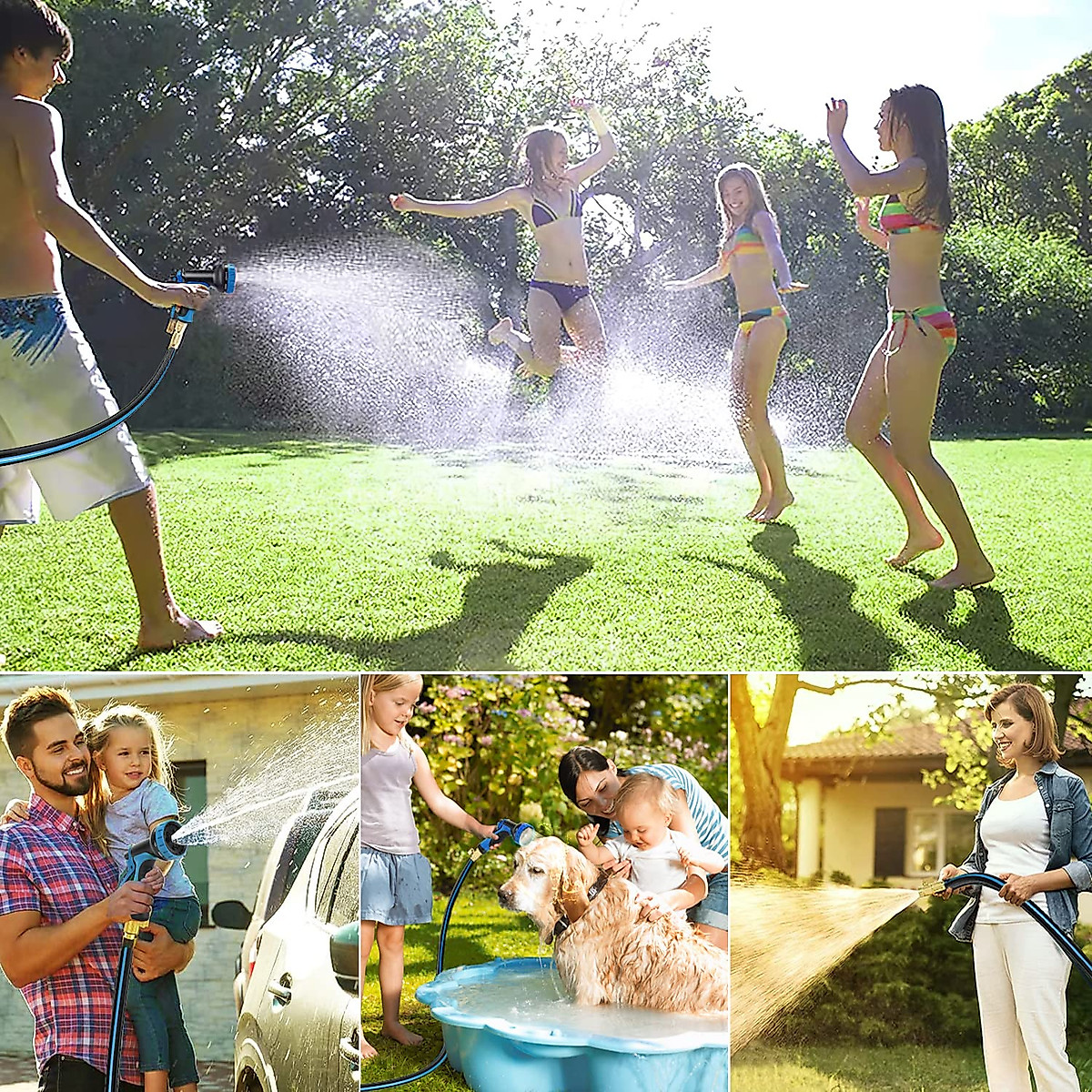 100 ft Heavy Duty Hybrid Garden Hose – Flexible & Lightweight Outdoor Water Hoses 5/8-In with 10 Pattern Spray Nozzle,Burst 600 psi, Kink-less Rubber Hose Car Washing Pipe, 3/4'' Solid Brass Fittings