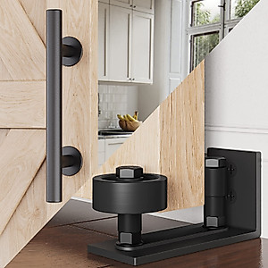 HomLxclx 12" Sliding Barn Door Handle Pull and Flush Hardware Set & Barn Door Floor Guide 8 in 1 Adjustable Roller, Easy to Install, Black