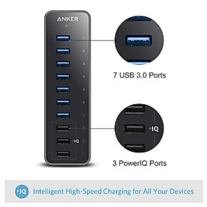 Anker 10 Port 60W Data Hub with 7 USB 3.0 Ports and 3 PowerIQ Charging Ports for MacBook, Mac Pro/Mini, iMac, XPS, Surface Pro, iPhone 7, 6s Plus, iPad Air 2, Galaxy Series, Mobile HDD, and More
