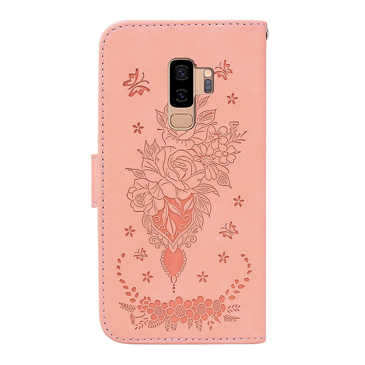ONV Flip Case Compatible with Samsung Galaxy S9 Plus - Rose Butterfly Embossed Phone Case with Card Holder Lanyard Stand Case Leather Magnetic Wallet Cover for Samsung Galaxy S9 Plus [XT] -Pink