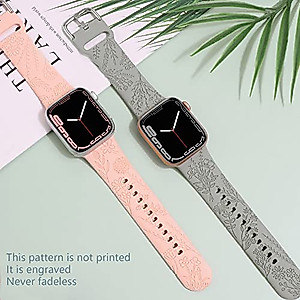 Flower Engraved Silicone Band Compatible with Apple Watch Bands 38mm 40mm 41mm, Cute Women Wildflowers Floral Design Soft Sport Strap Replacement Wristbands for iWatch Series 8 7/SE/6/5/4/3/2/1 (42/44/45mm, Grey Pink)