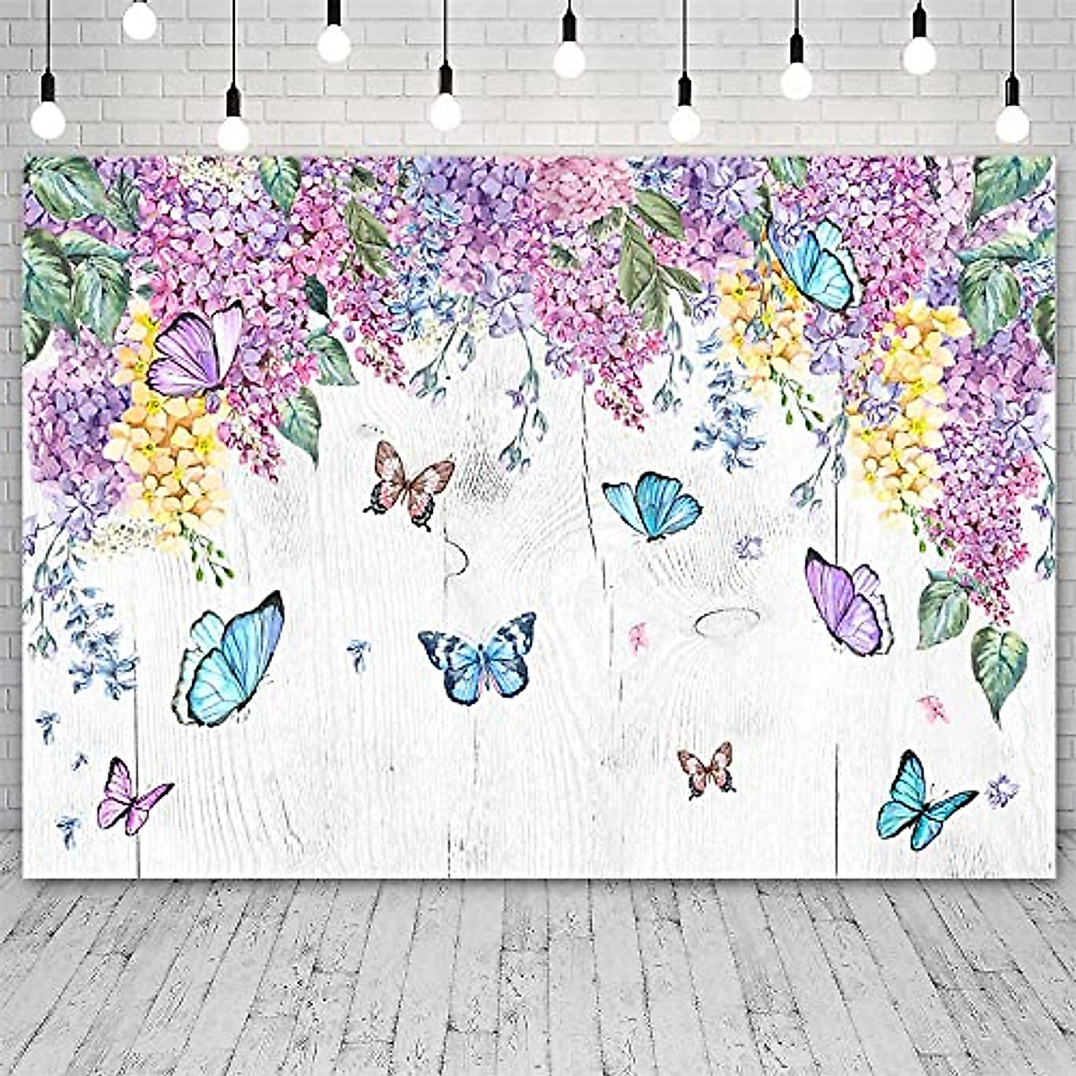 ABLIN 7x5ft Spring Butterfly Photography Backdrop for Birthday Baby Shower Party Decorations Purple Flowers Wood Background Wedding Photo Backdrop Shoot Props (CQ236)