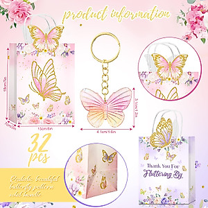 Leinuosen 32 Pieces Butterfly Party Favors Bags Set 16 Thank You for Fluttering by Gift Bag 16 Pcs Butterfly Keychains Butterfly Paper Bags Butterfly Goodie Bag Treat Bag for Baby Shower Party Favors