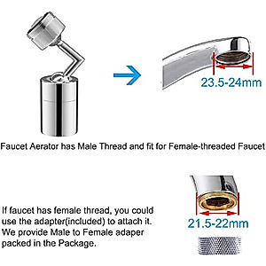 Sink Faucet Aerator, 360 Degree Big Angle Swivel Aerator Dual Water Flow Modes, Kitchen Faucet Aerator, Tap Aerator Sprayer Attachment for Bathroom/Chrome Finished-15/16 Inch-27UNS Male Thread
