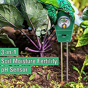 Soil Tester 3 in 1 Moisture/Fertility/pH Tester Garden Planting Kit, Soil pH Sensor Meter for Plant Care, Water Hydrometer Humidity Tester for Indoor Outdoor Lawn Patio Farm Use, No Battery Required